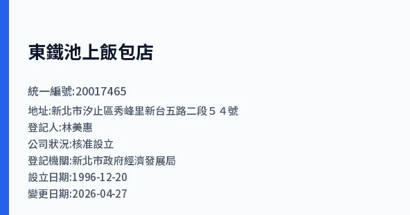 東鐵池上飯包店的照片-統編 20017465(新北市) 公司登記資料與營業項目詳細圖表