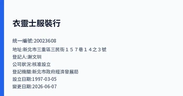 衣靈士服裝行的照片-統編 20023608(新北市) 公司登記資料與營業項目詳細圖表