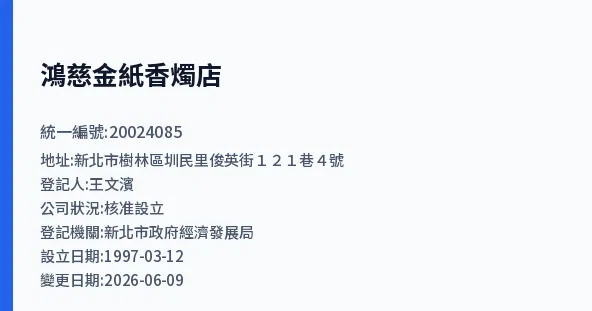 鴻慈金紙香燭店的照片-統編 20024085(新北市) 公司登記資料與營業項目詳細圖表