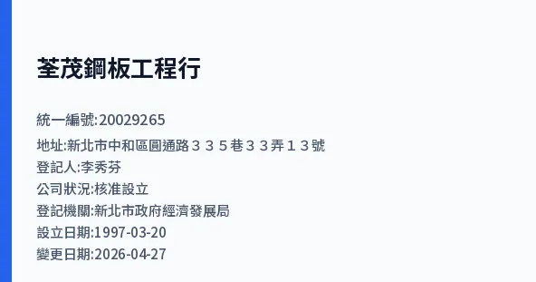 荃茂鋼板工程行的照片-統編 20029265(新北市) 公司登記資料與營業項目詳細圖表