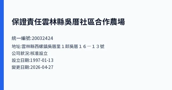 保證責任雲林縣吳厝社區合作農場的照片-統編 20032424(雲林縣) 公司登記資料與營業項目詳細圖表