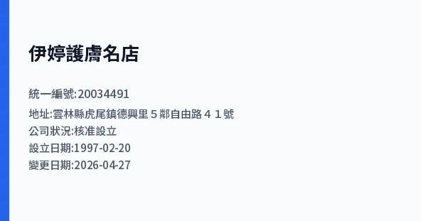伊婷護膚名店的照片-統編 20034491(雲林縣) 公司登記資料與營業項目詳細圖表