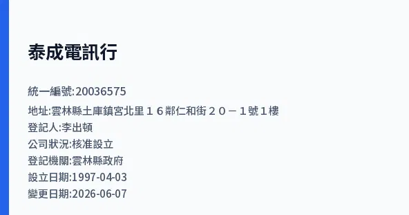 泰成電訊行的照片-統編 20036575(雲林縣) 公司登記資料與營業項目詳細圖表