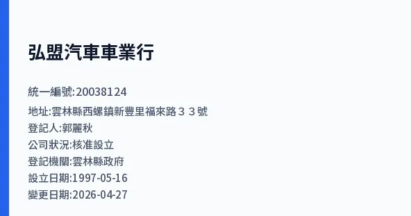 弘盟汽車車業行的照片-統編 20038124(雲林縣) 公司登記資料與營業項目詳細圖表