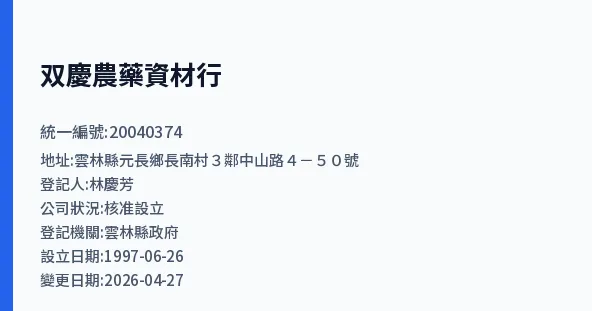 双慶農藥資材行的照片-統編 20040374(雲林縣) 公司登記資料與營業項目詳細圖表