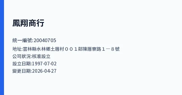 鳳翔商行的照片-統編 20040705(雲林縣) 公司登記資料與營業項目詳細圖表