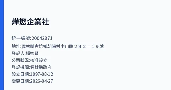 燁懋企業社的照片-統編 20042871(雲林縣) 公司登記資料與營業項目詳細圖表