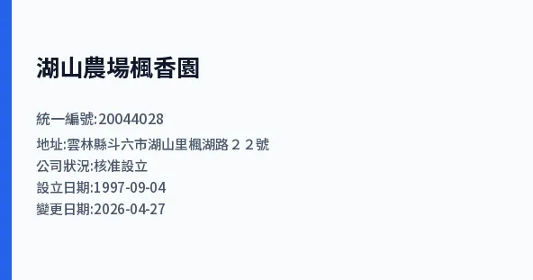 湖山農場楓香園的照片-統編 20044028(雲林縣) 公司登記資料與營業項目詳細圖表
