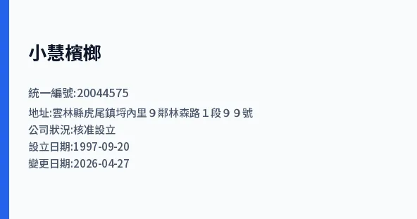 小慧檳榔的照片-統編 20044575(雲林縣) 公司登記資料與營業項目詳細圖表