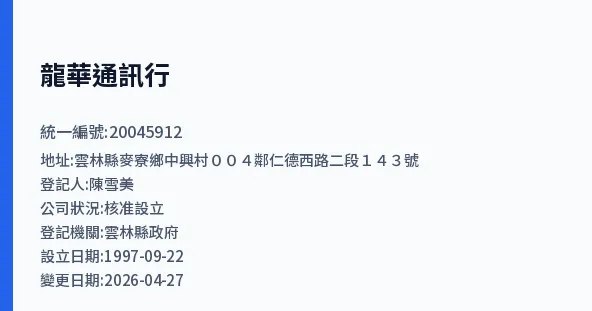 龍華通訊行的照片-統編 20045912(雲林縣) 公司登記資料與營業項目詳細圖表