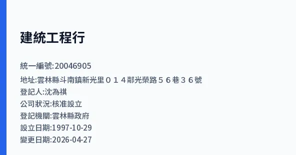 建統工程行的照片-統編 20046905(雲林縣) 公司登記資料與營業項目詳細圖表