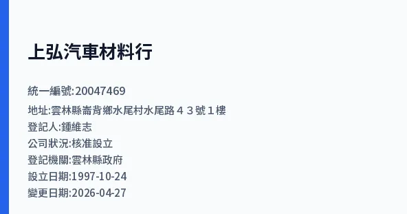 上弘汽車材料行的照片-統編 20047469(雲林縣) 公司登記資料與營業項目詳細圖表