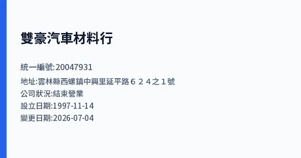 雙豪汽車材料行的照片-統編 20047931(雲林縣) 公司登記資料與營業項目詳細圖表