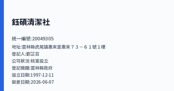 鈺碩清潔社的照片-統編 20049305(雲林縣) 公司登記資料與營業項目詳細圖表