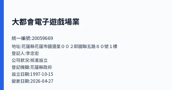 大都會電子遊戲場業的照片-統編 20059669(花蓮縣) 公司登記資料與營業項目詳細圖表