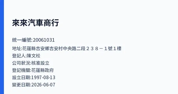 來來汽車商行的照片-統編 20061031(花蓮縣) 公司登記資料與營業項目詳細圖表