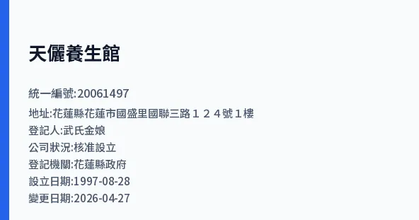 天儷養生館的照片-統編 20061497(花蓮縣) 公司登記資料與營業項目詳細圖表
