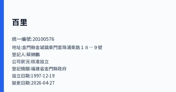 百里的照片-統編 20100576(金門縣) 公司登記資料與營業項目詳細圖表