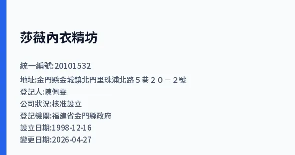莎薇內衣精坊的照片-統編 20101532(金門縣) 公司登記資料與營業項目詳細圖表