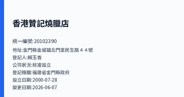 香港贊記燒臘店的照片-統編 20102390(金門縣) 公司登記資料與營業項目詳細圖表