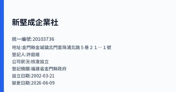 新堅成企業社的照片-統編 20103736(金門縣) 公司登記資料與營業項目詳細圖表