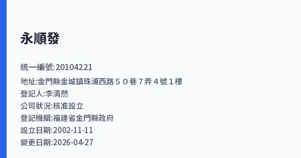 永順發的照片-統編 20104221(金門縣) 公司登記資料與營業項目詳細圖表