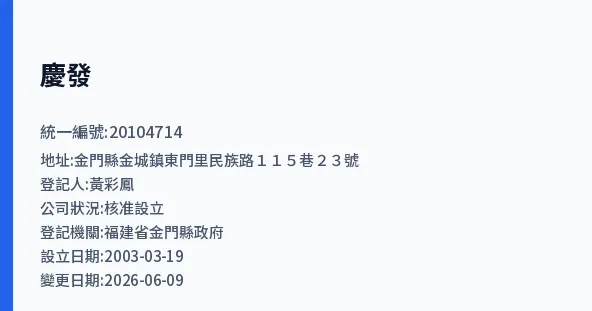 慶發的照片-統編 20104714(金門縣) 公司登記資料與營業項目詳細圖表