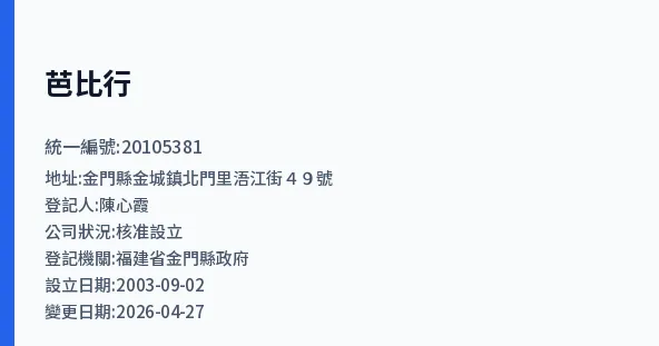 芭比行的照片-統編 20105381(金門縣) 公司登記資料與營業項目詳細圖表