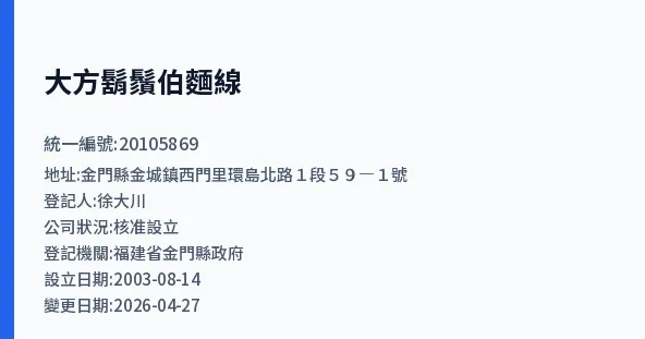 大方鬍鬚伯麵線的照片-統編 20105869(金門縣) 公司登記資料與營業項目詳細圖表