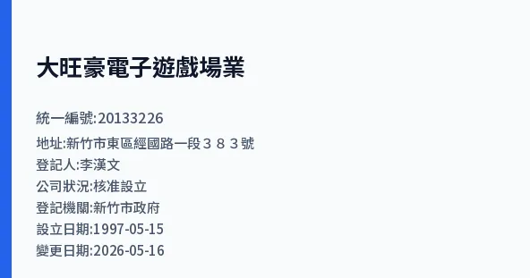 大旺豪電子遊戲場業的照片-統編 20133226(新竹市) 公司登記資料與營業項目詳細圖表