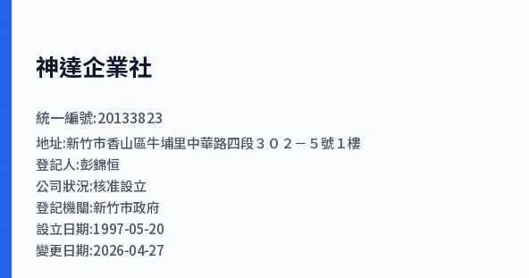 神達企業社的照片-統編 20133823(新竹市) 公司登記資料與營業項目詳細圖表