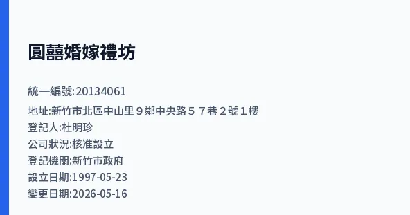 圓囍婚嫁禮坊的照片-統編 20134061(新竹市) 公司登記資料與營業項目詳細圖表
