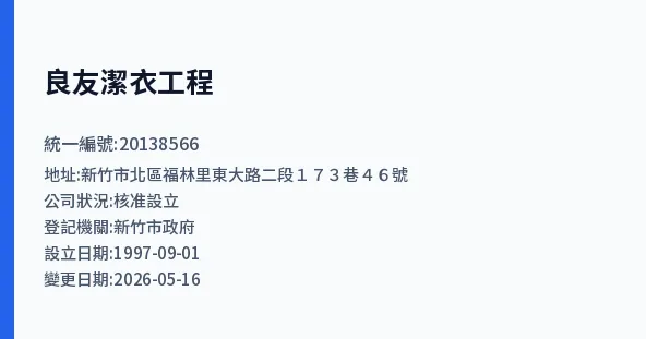 良友潔衣工程的照片-統編 20138566(新竹市) 公司登記資料與營業項目詳細圖表
