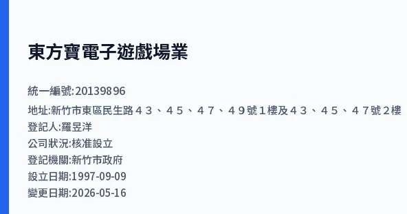 東方寶電子遊戲場業的照片-統編 20139896(新竹市) 公司登記資料與營業項目詳細圖表
