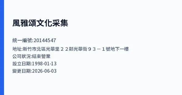 風雅頌文化采集的照片-統編 20144547(新竹市) 公司登記資料與營業項目詳細圖表