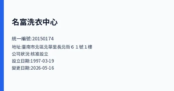 名富洗衣中心的照片-統編 20150174(臺南市) 公司登記資料與營業項目詳細圖表