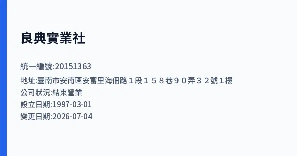 良典實業社的照片-統編 20151363(臺南市) 公司登記資料與營業項目詳細圖表