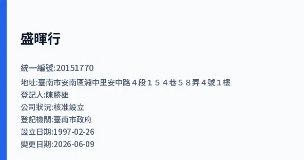 盛暉行的照片-統編 20151770(臺南市) 公司登記資料與營業項目詳細圖表