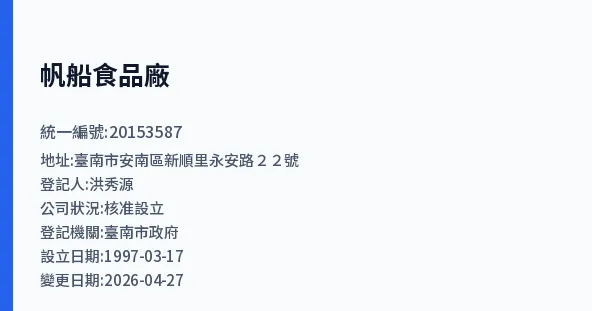 帆船食品廠的照片-統編 20153587(臺南市) 公司登記資料與營業項目詳細圖表