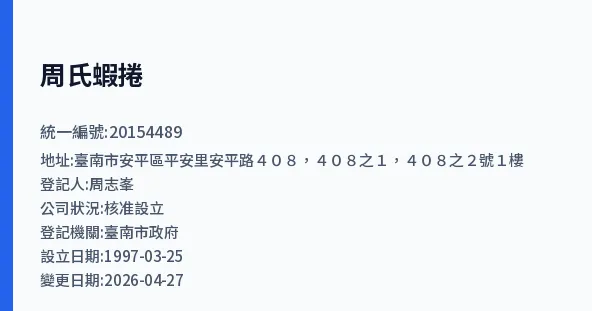 周氏蝦捲的照片-統編 20154489(臺南市) 公司登記資料與營業項目詳細圖表