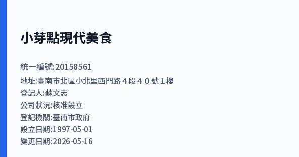 小芽點現代美食的照片-統編 20158561(臺南市) 公司登記資料與營業項目詳細圖表