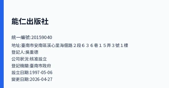 能仁出版社的照片-統編 20159040(臺南市) 公司登記資料與營業項目詳細圖表