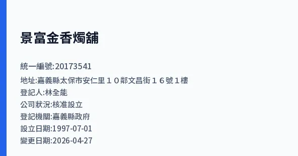 景富金香燭舖的照片-統編 20173541(嘉義縣) 公司登記資料與營業項目詳細圖表