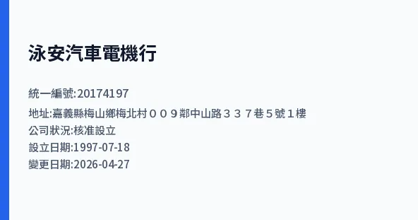 泳安汽車電機行的照片-統編 20174197(嘉義縣) 公司登記資料與營業項目詳細圖表