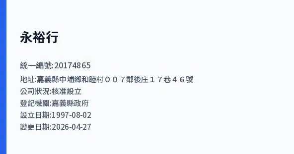 永裕行的照片-統編 20174865(嘉義縣) 公司登記資料與營業項目詳細圖表
