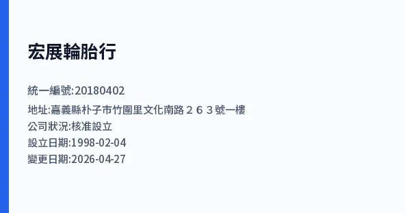 宏展輪胎行的照片-統編 20180402(嘉義縣) 公司登記資料與營業項目詳細圖表