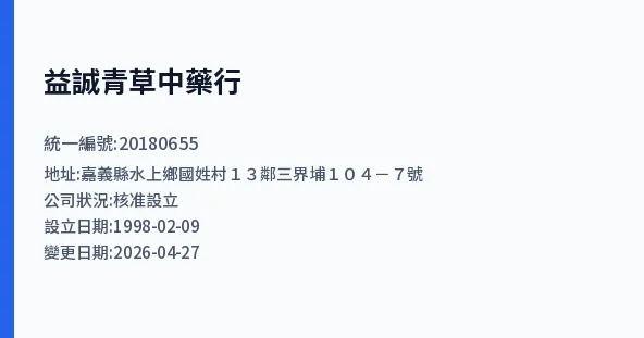 益誠青草中藥行的照片-統編 20180655(嘉義縣) 公司登記資料與營業項目詳細圖表