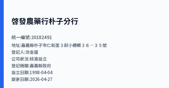 啓發農藥行朴子分行的照片-統編 20182491(嘉義縣) 公司登記資料與營業項目詳細圖表