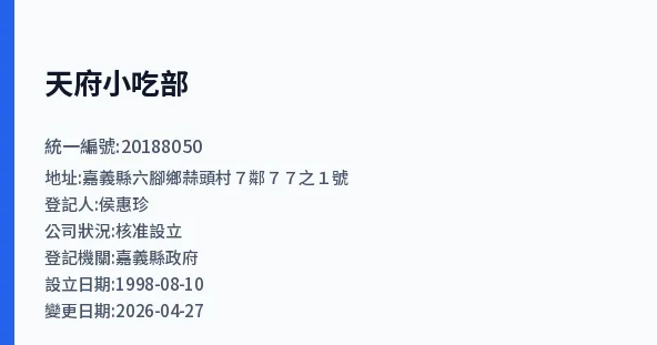 天府小吃部的照片-統編 20188050(嘉義縣) 公司登記資料與營業項目詳細圖表