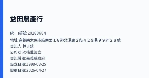 益田農產行的照片-統編 20188684(嘉義縣) 公司登記資料與營業項目詳細圖表